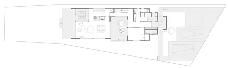 Plattegrond van de begane grond van het Ripple-huis met drie witte muren aan de voorkant van Kichi Architectural Design