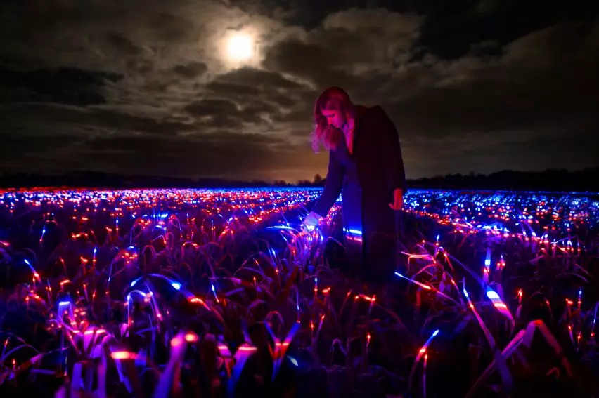 Girl walking through Grow installation av Studio Roosegaarde