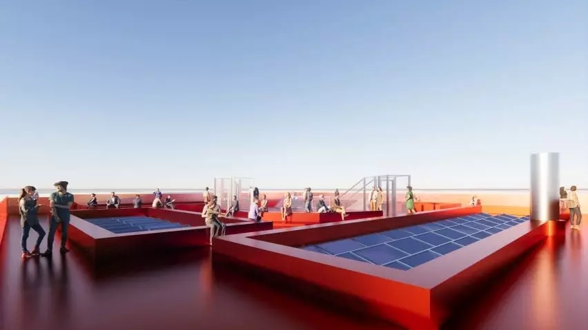 Una imagen de una terraza roja en la azotea