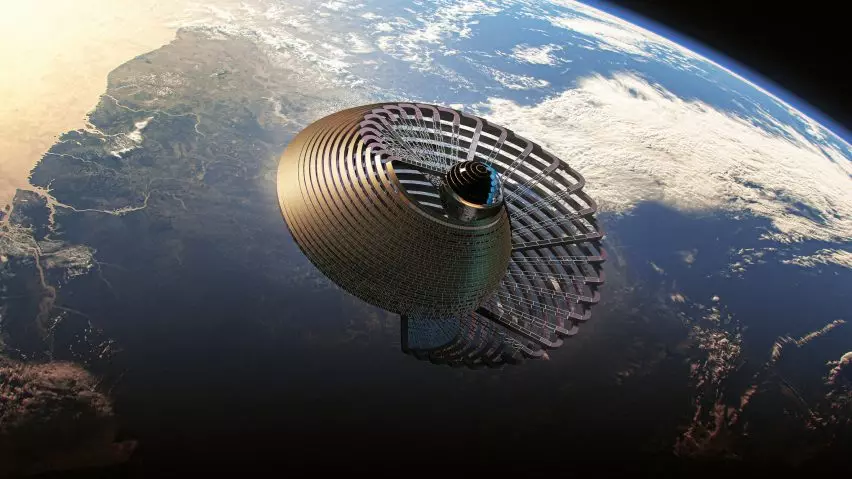 Uma estação espacial circular flutuando acima da terra