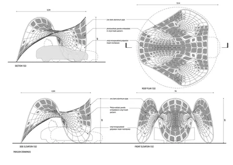 Synthesis Design + Architecture මගින් විදුලි මෝටර් රථයක් ආරෝපණය කරන Volvo Pure Tension Pavilion