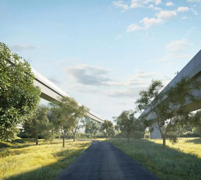 Un visuel d'un verger sous une paire de viaducs ferroviaires dans le Warwickshire