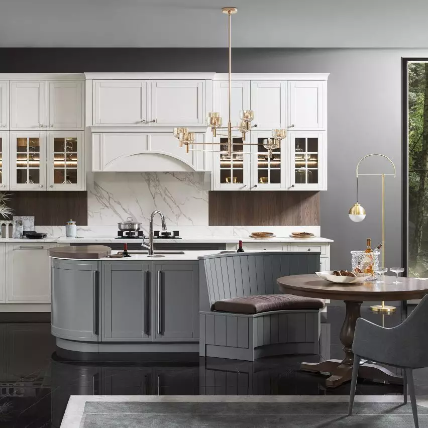 Turnadot kitchen island in gray with white kitchen wall cabinets