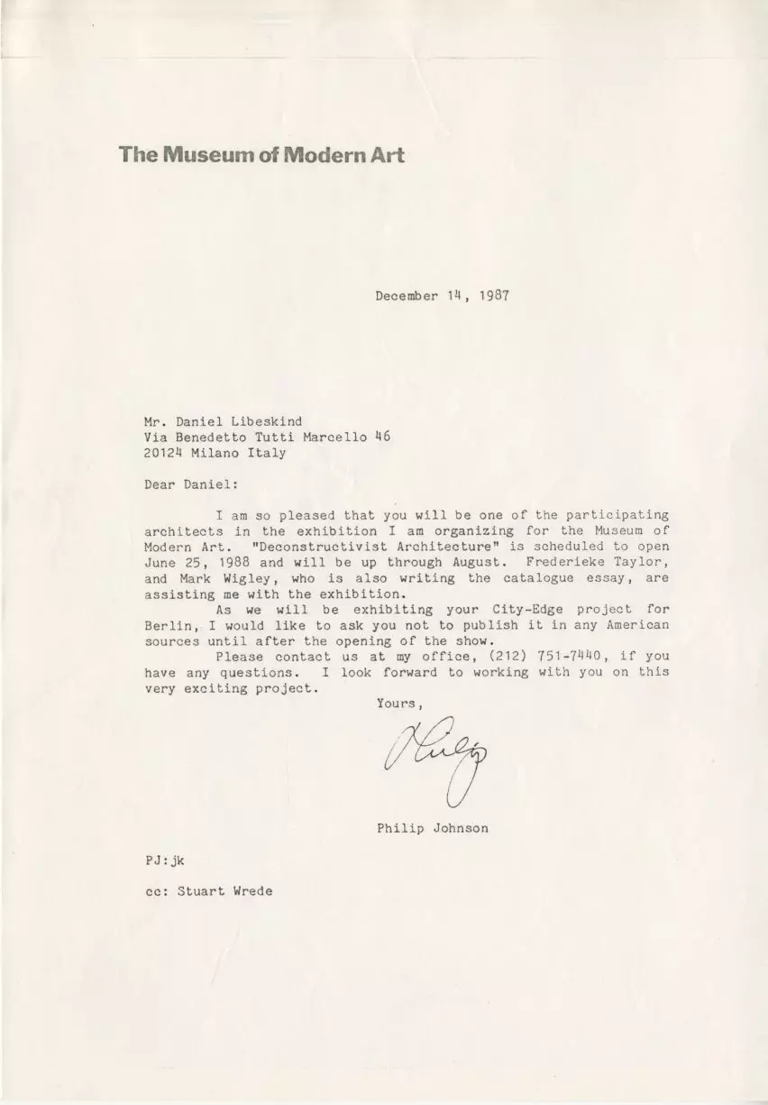 Scrisoare către Daniel Libeskind de la Philip Johnson