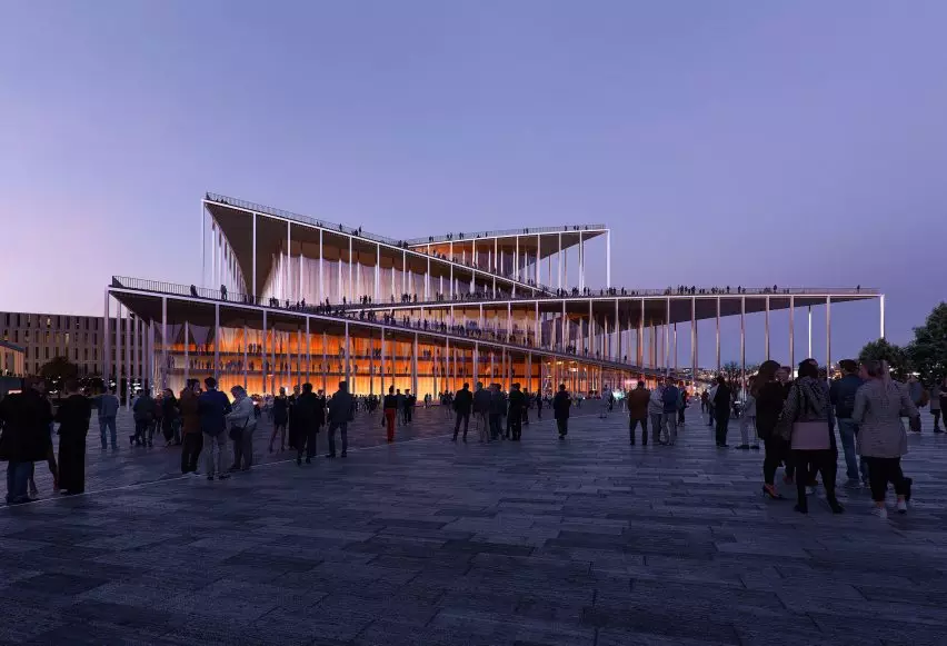 Render Dewan Filharmonik Vltava dari dataran Vltava