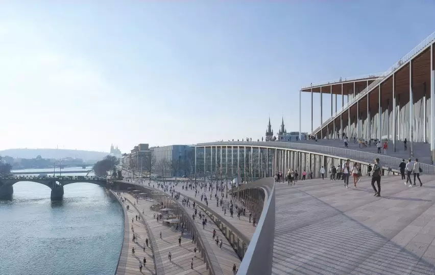 Representación de las pasarelas elevadas de la Vltava Philharmonic Hall y sus alrededores