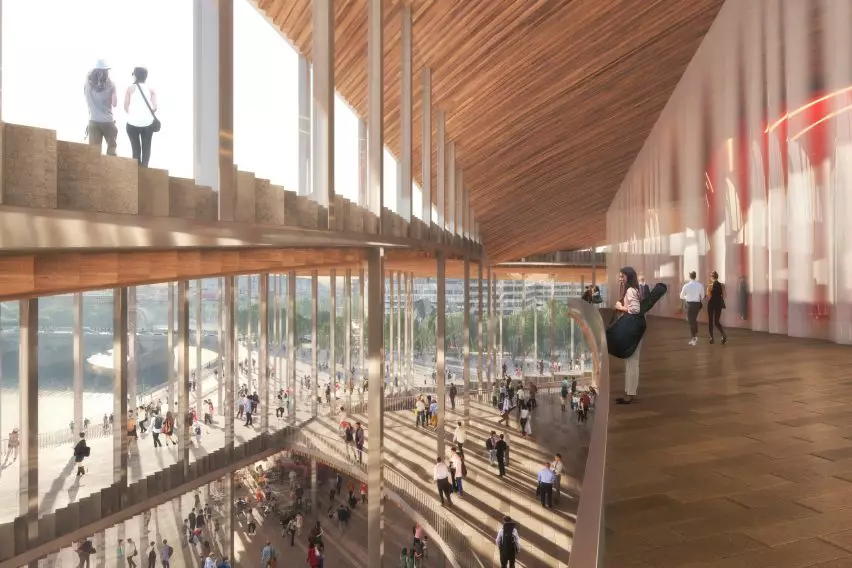 Interior render saka kayu diantrekake The Vltava Philharmonic Hall