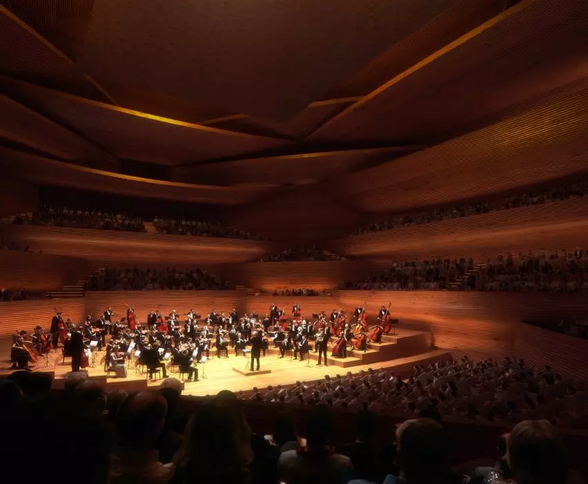 Render interior de una sala de conciertos revestida de madera