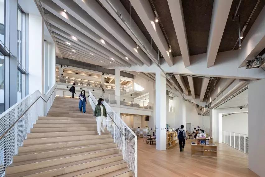 Inside Hisao & Hiroko Taki Plaza by Kengo Kuma & Associates