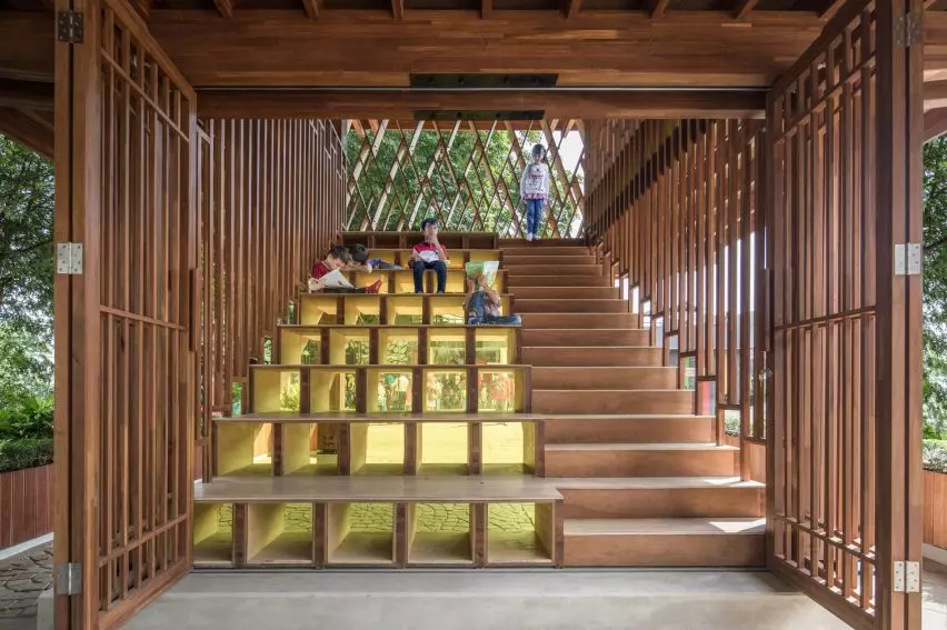 Microlibrary Warak Kayu by Shau staircase auditorium