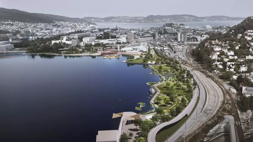 Pantai Biru leres sareng kolam renang laut di Bergen. Norwégia, ku Bodas Arkitekter