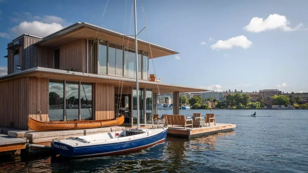 Olson Kundig waxa uu ku abuuray Cabin Biyo sabeynaya gudaha Portage Bay ee Seattle