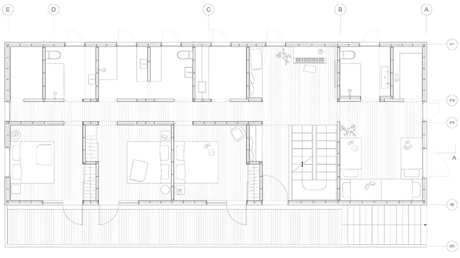 แผนผังชั้นหนึ่งของ Trollhus โดย Mork Ulnes ในแคลิฟอร์เนีย สหรัฐอเมริกา