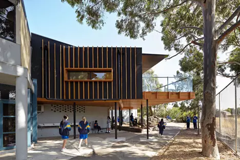 Puilla verhoiltu koulukirjasto, jonka Branch Studio Architects on laajentanut puiden latvoihin