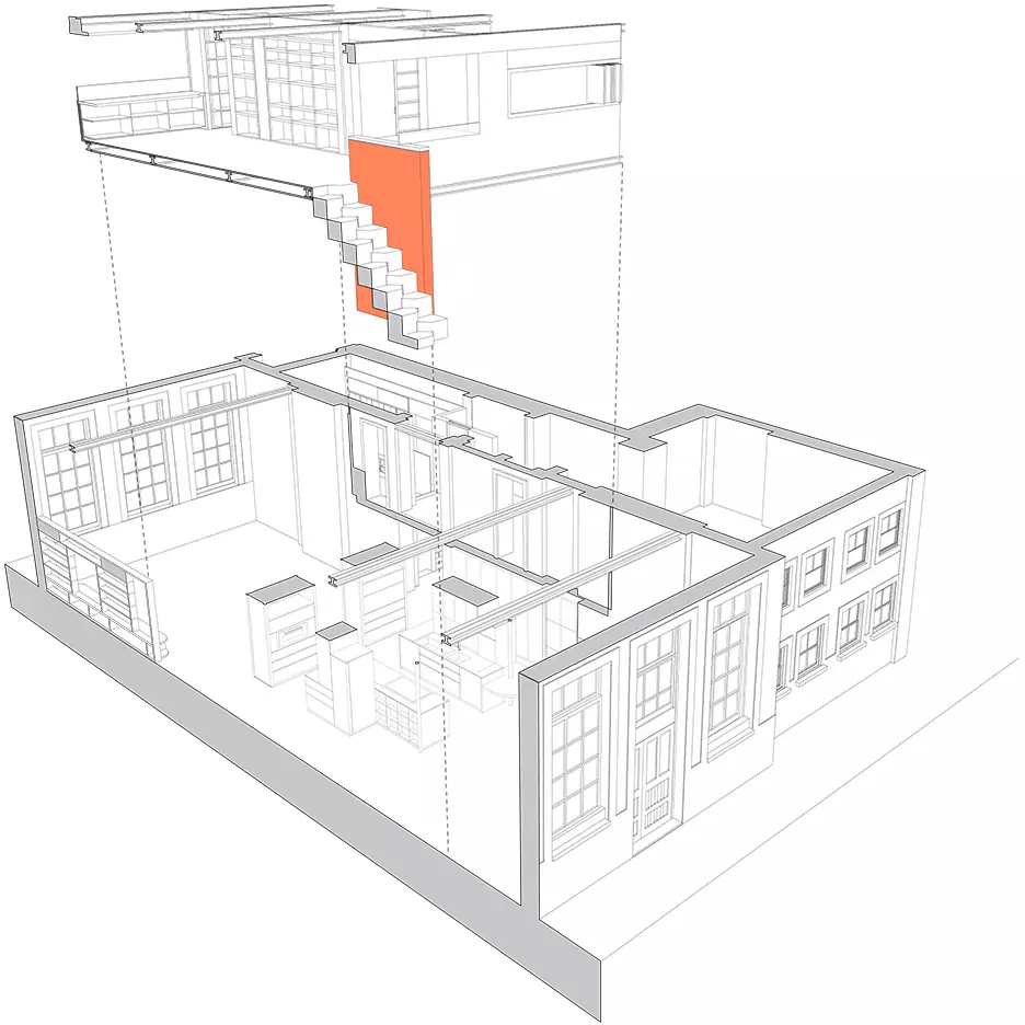 Eksploderet perspektiv af The Lycée af Knox Bhavan Architects, en boligrenovering og ombygning i London, Storbritannien