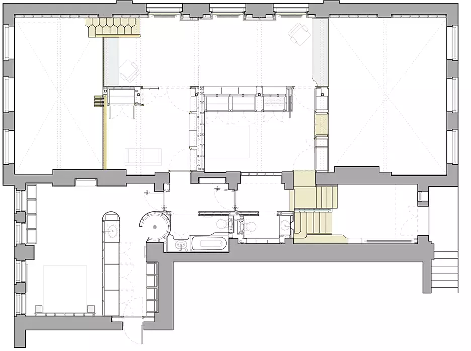 Planta do primeiro andar do Lycée por Knox Bhavan Architects, uma reforma e conversão residencial em Londres, Reino Unido