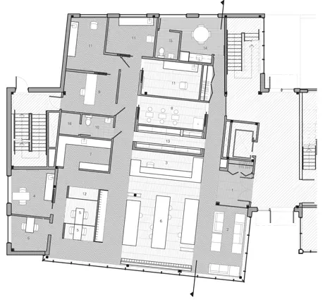 Planritning av La SHED Architecture separerar ögonkliniken i svarta och vita zoner