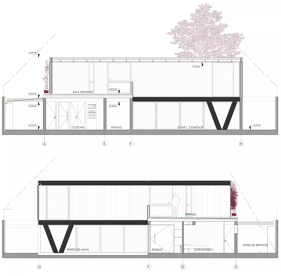 Seccións transversais C e D da Casa LG de Gregorio Brugnoli Errázuriz