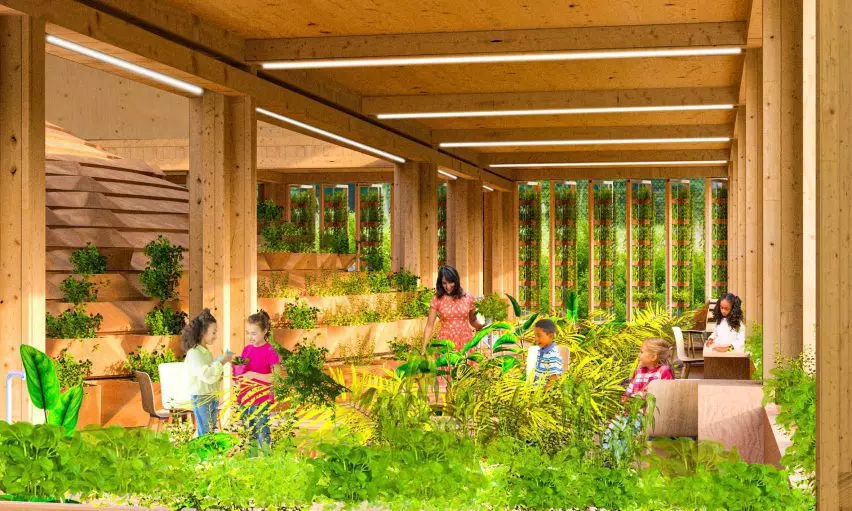 Иллюстрация учебного центра, где студенты учатся выращивать еду