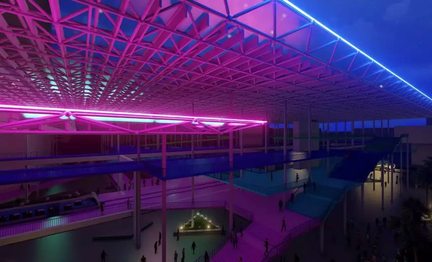 Una visualizzazione di un ambiente simile a un centro commerciale urbano con illuminazione al neon