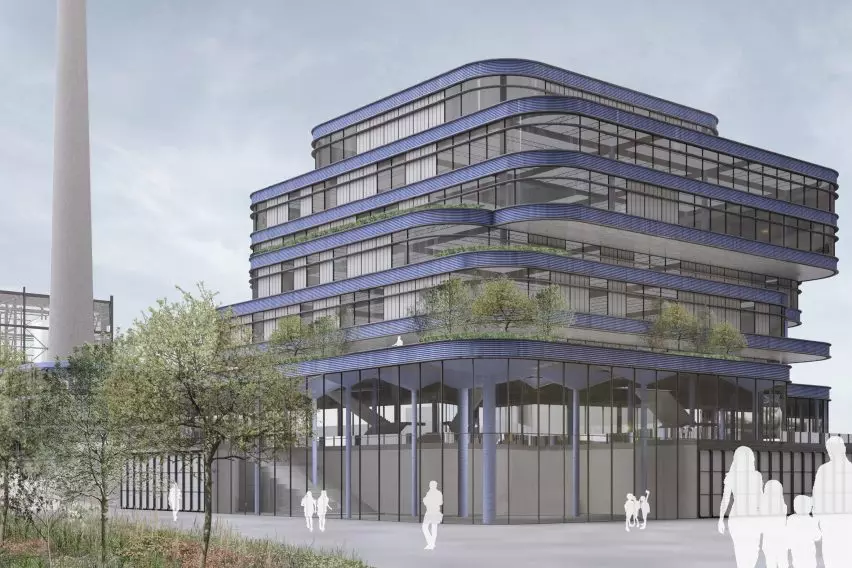 Una visualizzazione di un edificio con facciata viola