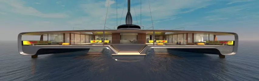 Рендерирање на главната палуба на Домус Тримаран со салони и простори за живеење кои се протегаат по целата ширина на палубата