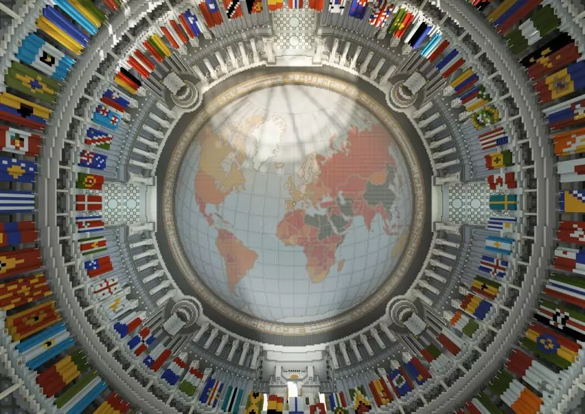 Žemės žemėlapis ant virtualios bibliotekos lubų