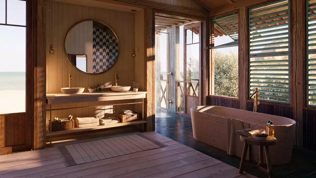 Sarah Poniatowskiは、Axorのティールとチークの屋内と屋外のバスルームを設計しています