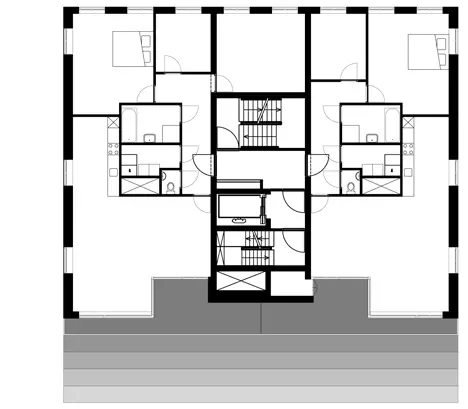 Plan czternastego piętra wieży Turquoise autorstwa NL Architects, który cofa się, aby stworzyć słoneczne balkony