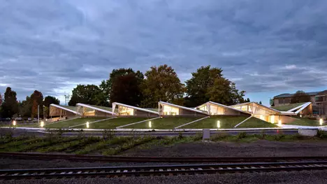 A instalação de tratamento de água da Skylab Architecture apresenta um telhado de barbatanas cobertas de grama