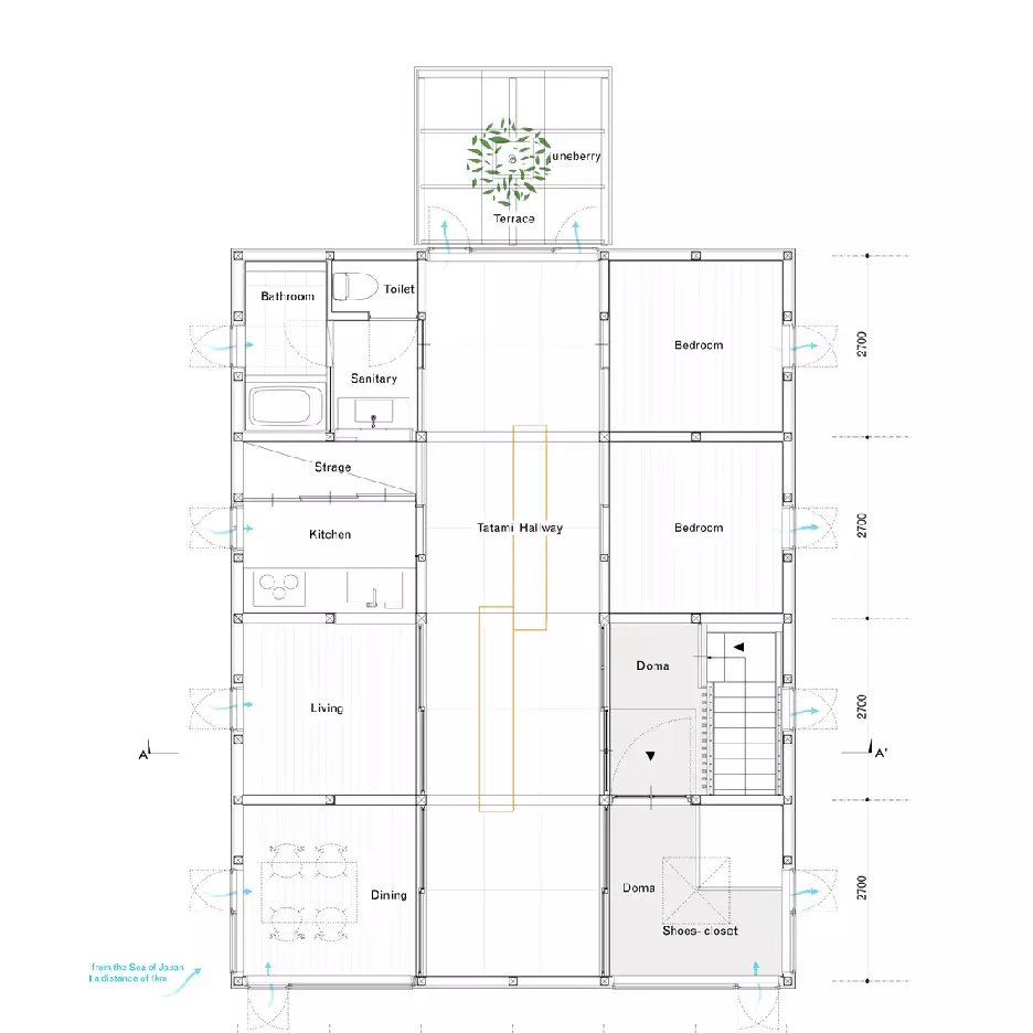 Inari House-ի առաջին հարկի հատակագիծը Tokmoto Architectures Room-ի կողմից Նիիգատա Ճապոնիայում