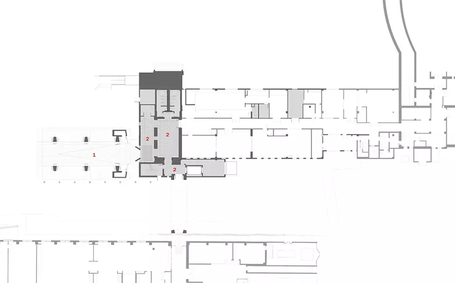 Plattegrond van de begane grond van Ringling Asian Arts Center-museumarchitectuur met terracottategels, Florida, VS