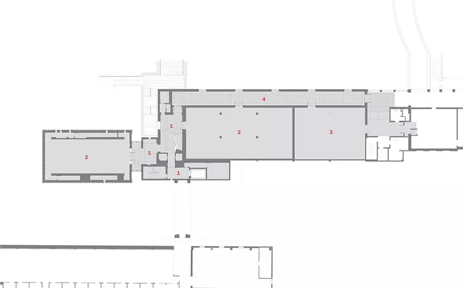 Plattegrond van de eerste verdieping van Ringling Asian Arts Center-museumarchitectuur met terracottategels, Florida, VS