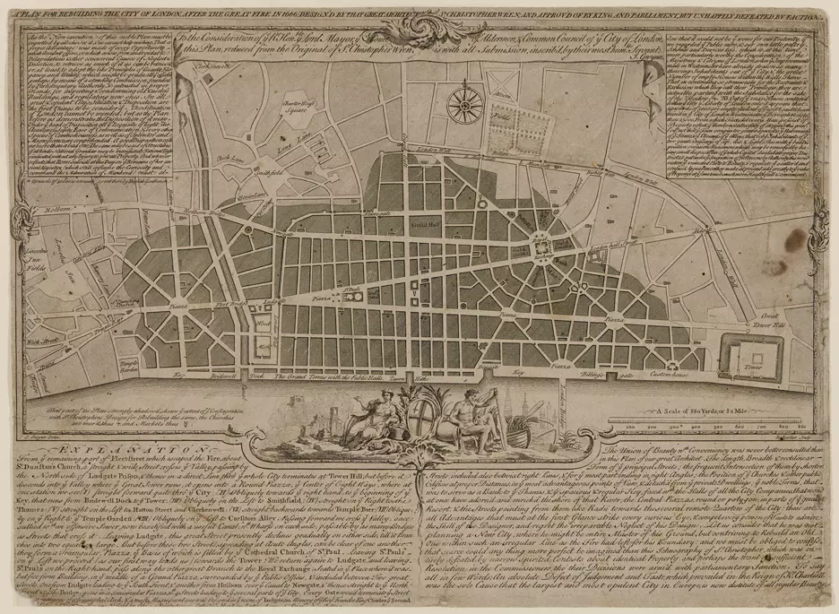 La plano de Sir Christopher Wren por rekonstruado de la Urbo de Londono post la Granda Fajro de 1666