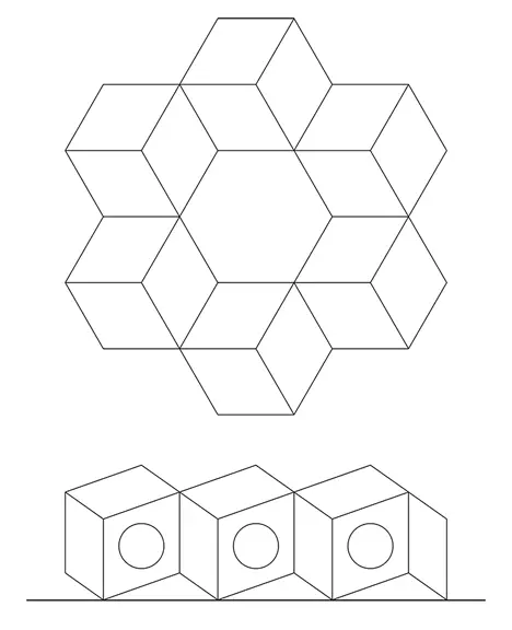 የ rhombus dodecahedron ቅርጽ ንድፍ ለአያማጃ ኖአ ዘላቂ የመኖሪያ ቦታ በJaanus Orgusar የሚያሳይ ሥዕል