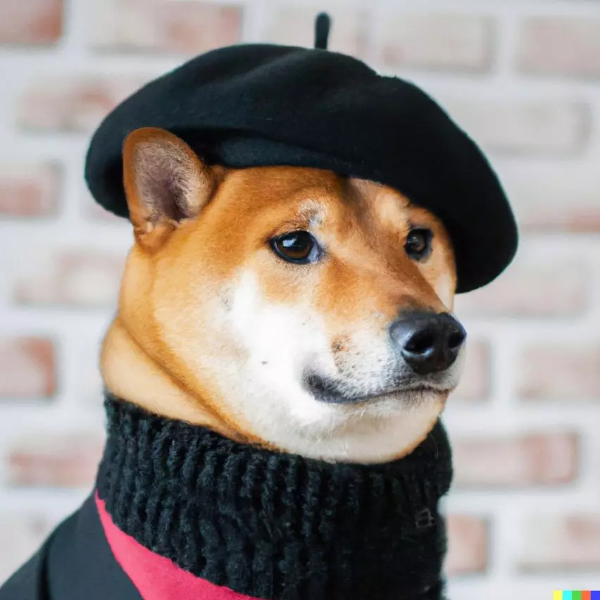DALL-E 2 pilt Shiba Inu koerast, kellel on barett ja must kilpkaelus