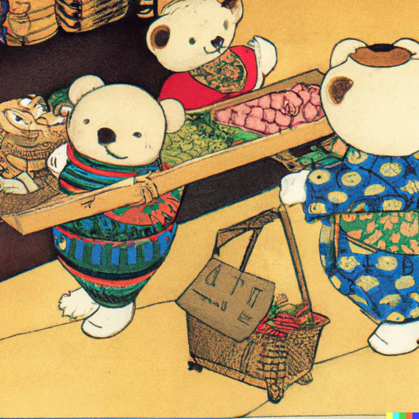 DALL-E 2 pilt kaisukarudest, kes ostavad ukiyo-e stiilis toidukaupu