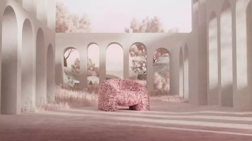 3D रेंडर की गई सेटिंग के भीतर गुलाबी रंग में हॉर्टेंसिया कुर्सी
