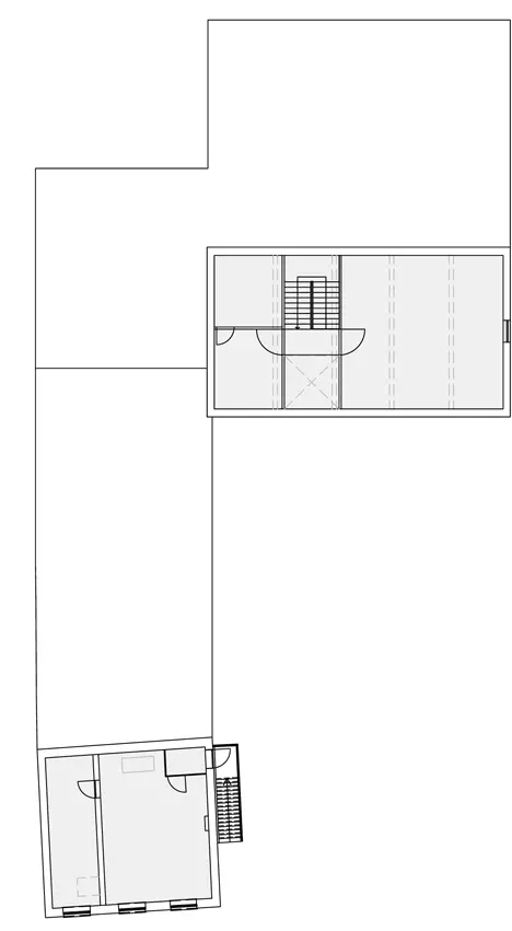 Rencana lantai pisanan saka Community Center Westvleteren dening Atelier Tom Vanhee mbedakake bata lawas lan anyar