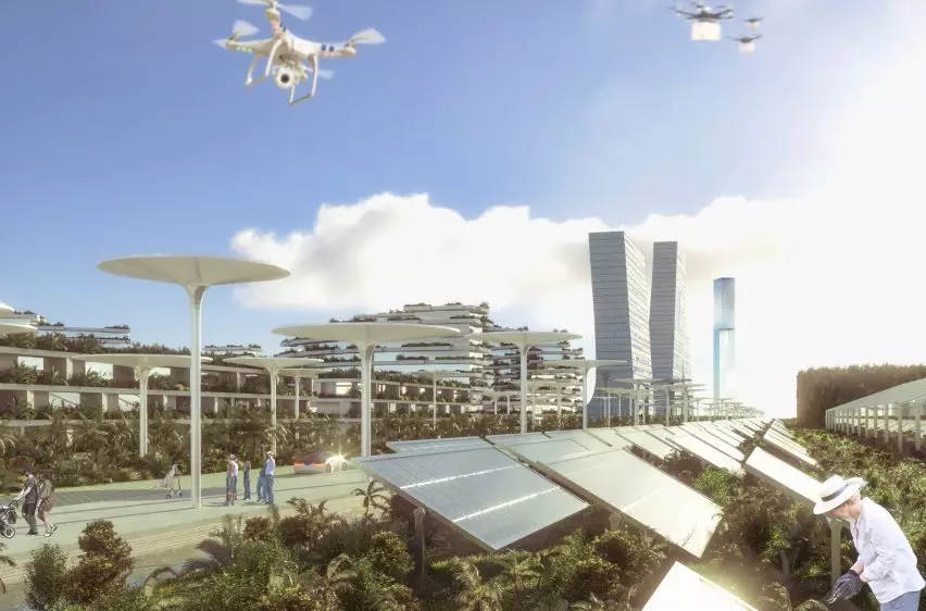 Renderização de um caminho de pedestres com drones, painéis solares e edifícios cobertos de plantas