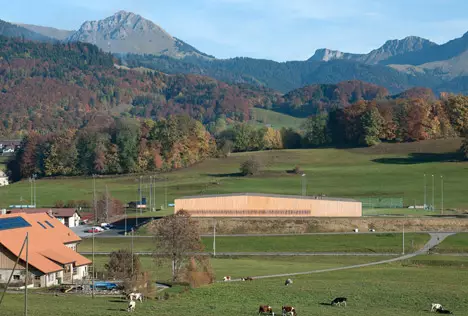 Holzwände weisen schmale vertikale Schnitte in der Lussy Sports Hall von Virdis Architecture auf