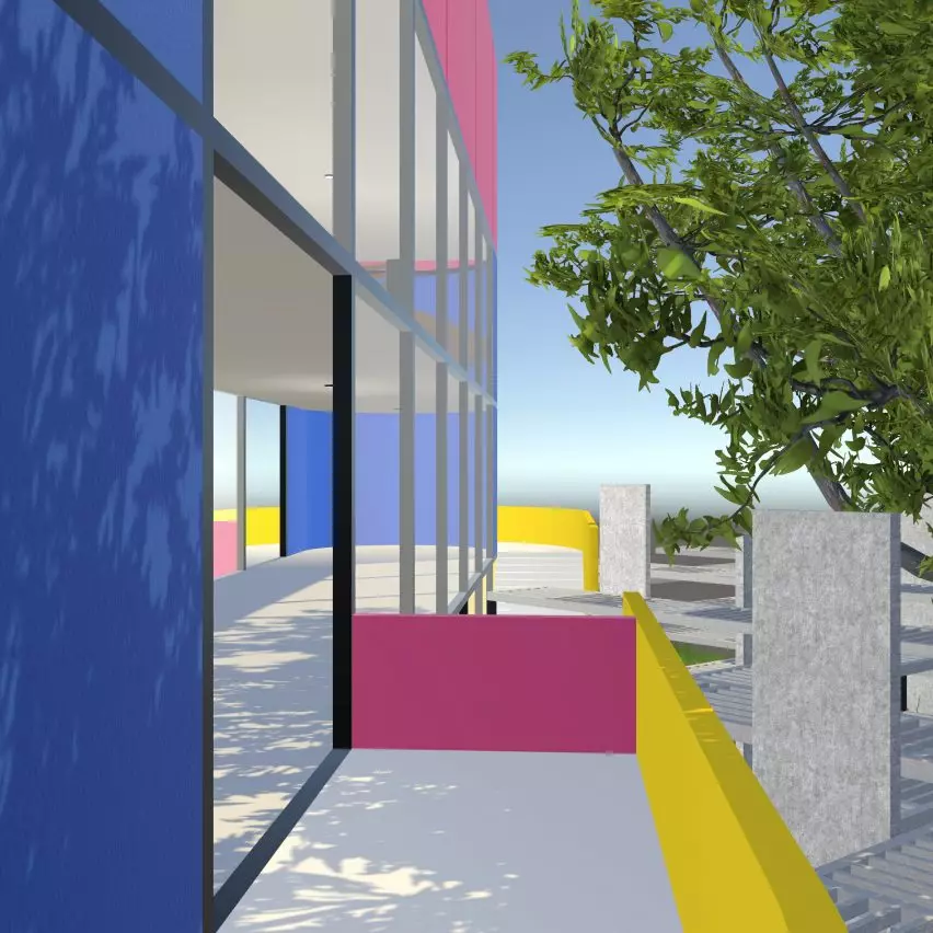 En visualisering av en fargerik bygning med et tre ved siden av