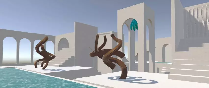 Wizualizacja otwartej przestrzeni z basenem i rzeźbami w kształcie korzeni