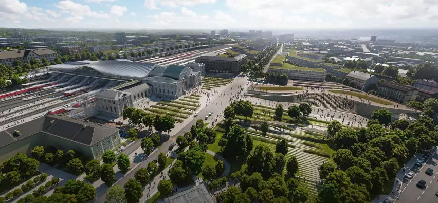 Visual udara dari renovasi stasiun kereta api Vilnius yang direncanakan, render dari renovasi Green Connect dari Zaha Hadid Architects