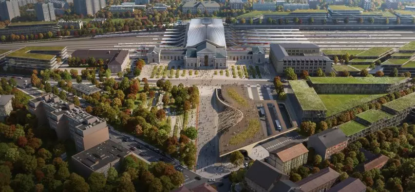 Légifelvétel a vilniusi vasútállomás tervezett felújításáról, a Zaha Hadid Architects Green Connect felújításáról